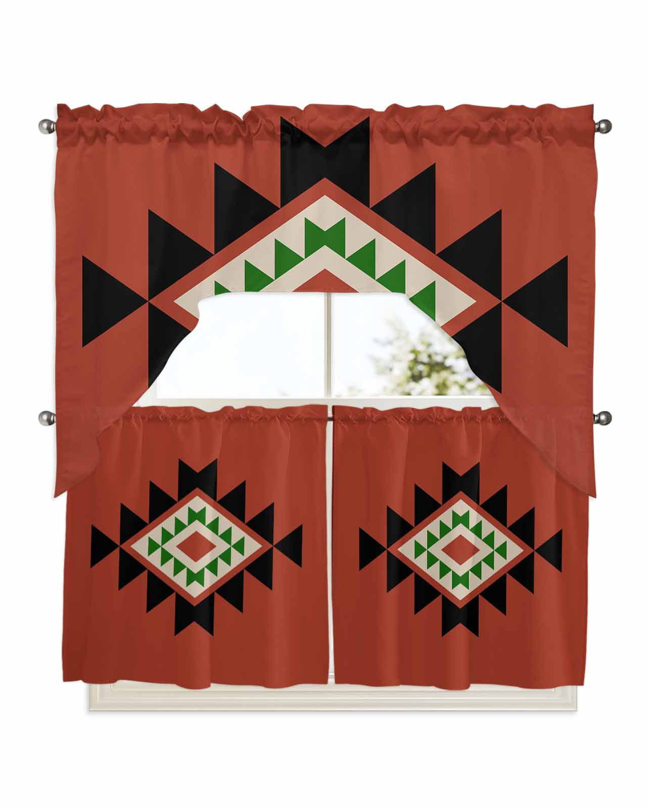 Red Black Green Boho Kitchen Curtains Swag Valance and Tier Curtains ...