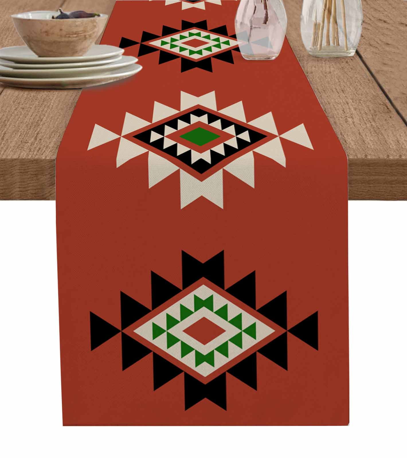 Red Black Green Boho Table Runner Farmhouse Vintage Abstract Geometric ...