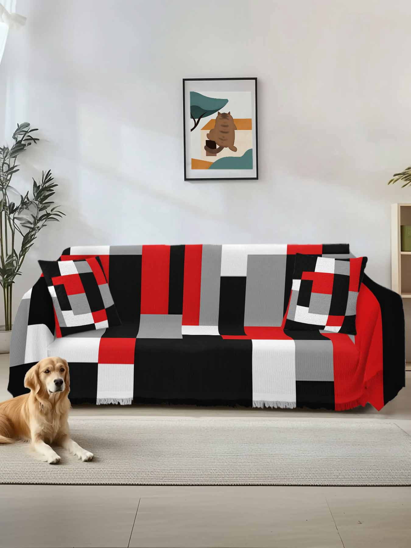 Red Black Grey Geometric Couch Cover for 2 Cushion Couch, Modern ...