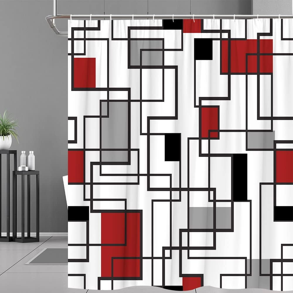 Red Black Grey Geometric Shower Curtain Modern Abstract Geometry Square ...