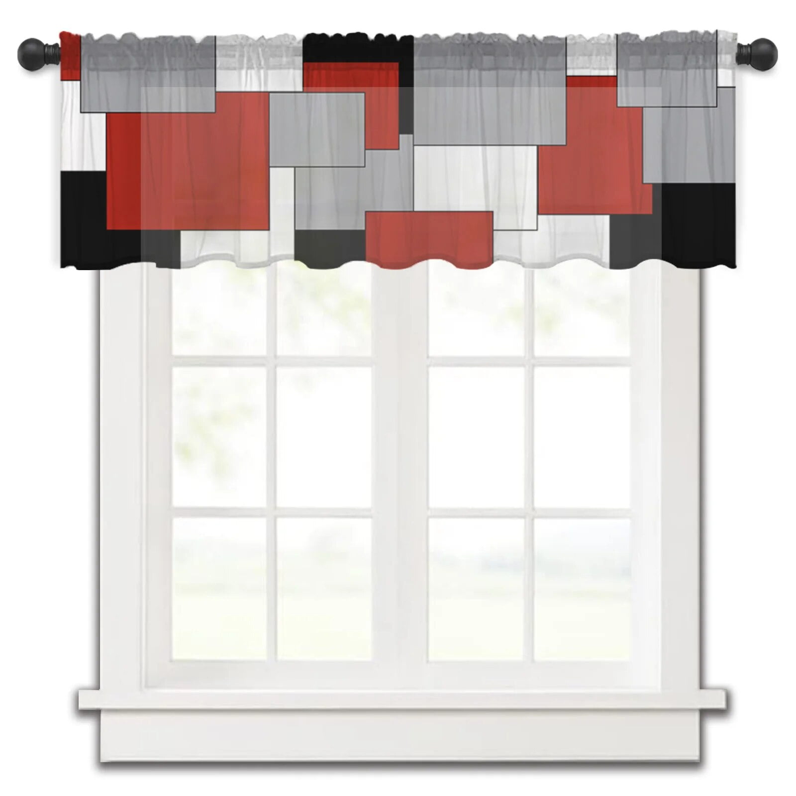 Red Black Grey Patchwork Abstract Art Medieval Style Sheer Curtains For ...