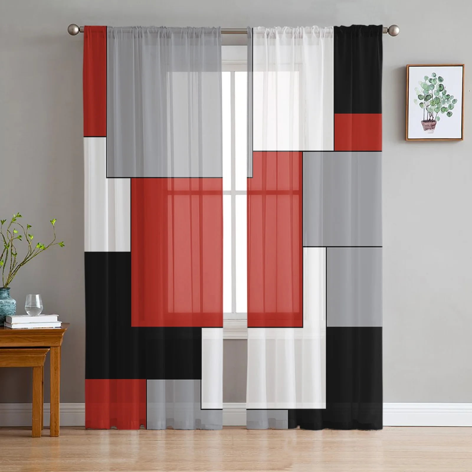 Red Black Grey Patchwork Abstract Art Medieval Style Tulle Curtains ...