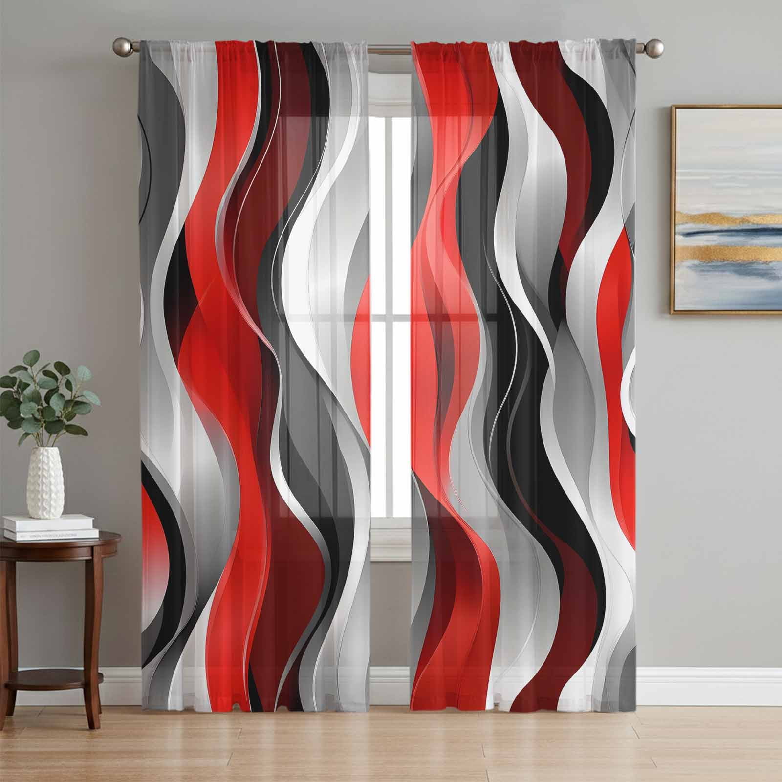 Red Black Grey Semi Sheer Curtains 63 Inch Length 2 Panels Set ...