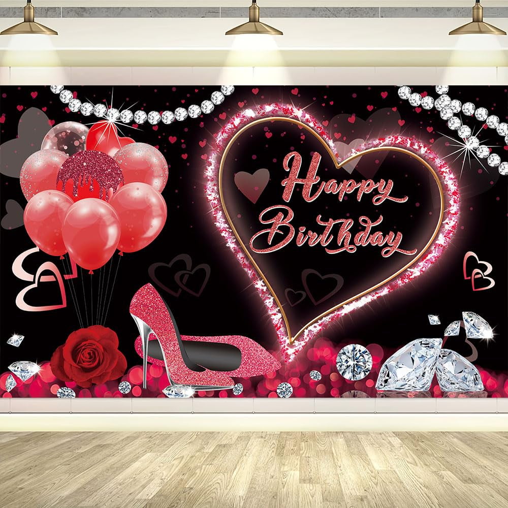 Red Black Happy Birthday Background Glitter Balloon Red High Heels Logo ...
