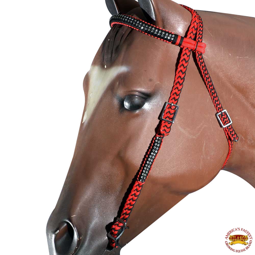 Red Black Horse Bridle Headstall Flat Braided Paracord Crystal Hilason ...