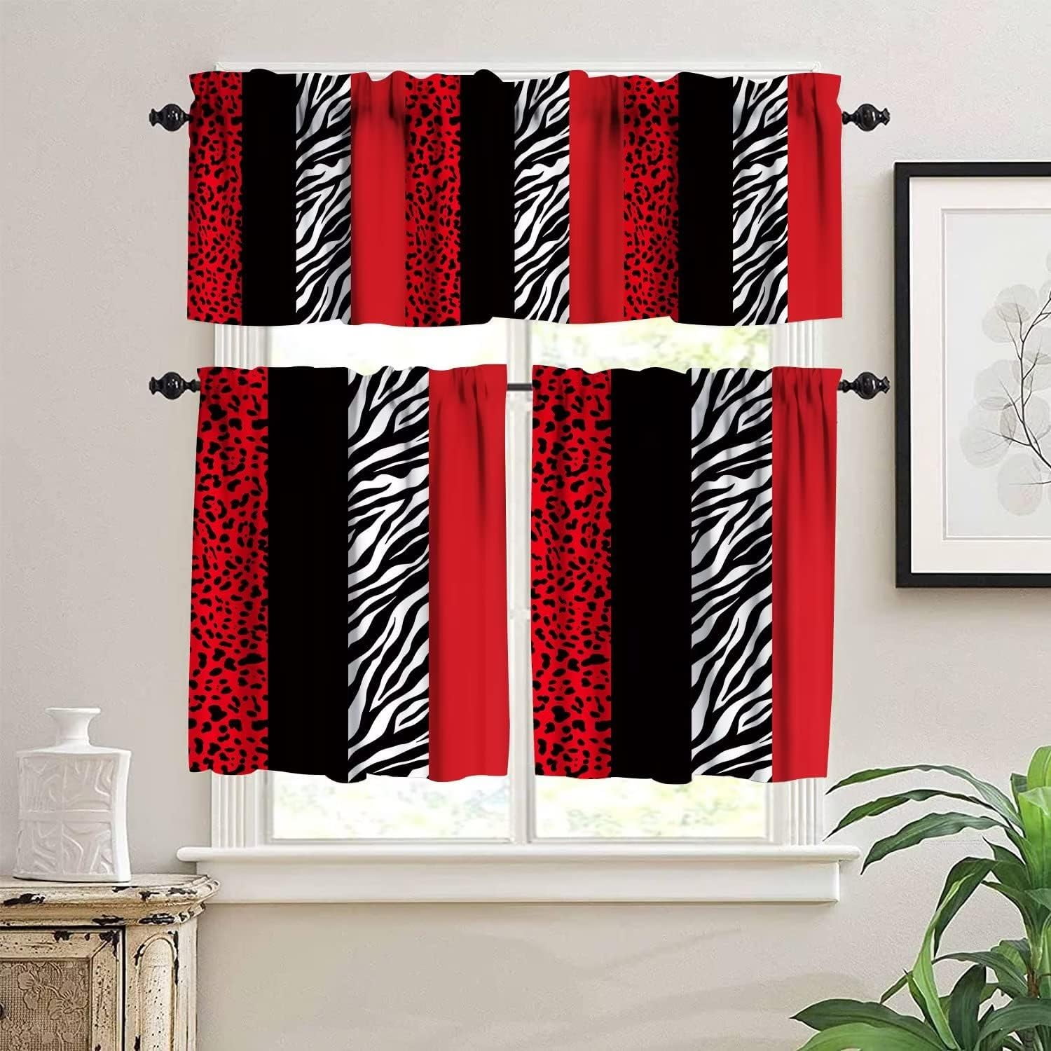 Red Black Kitchen Curtain Tiers and Valance Curtain Sets Leopard and ...