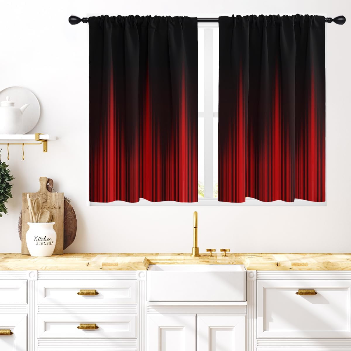 Red and Black Kitchen Window Curtains 27.5 x 39 Inch Small Short Mini ...