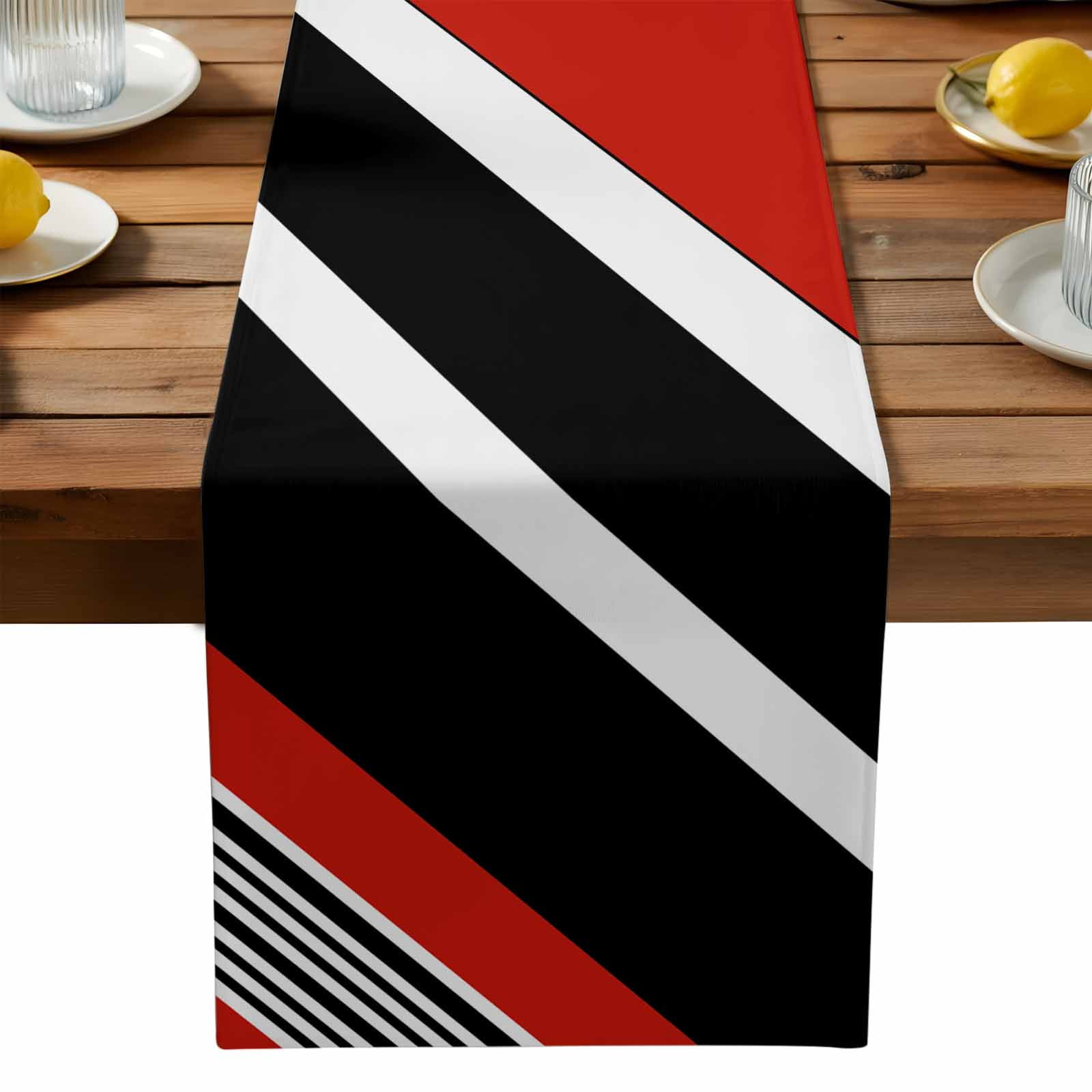 Red Black Lines Table Runner, Abstract Color Block Art Cotton Linen ...