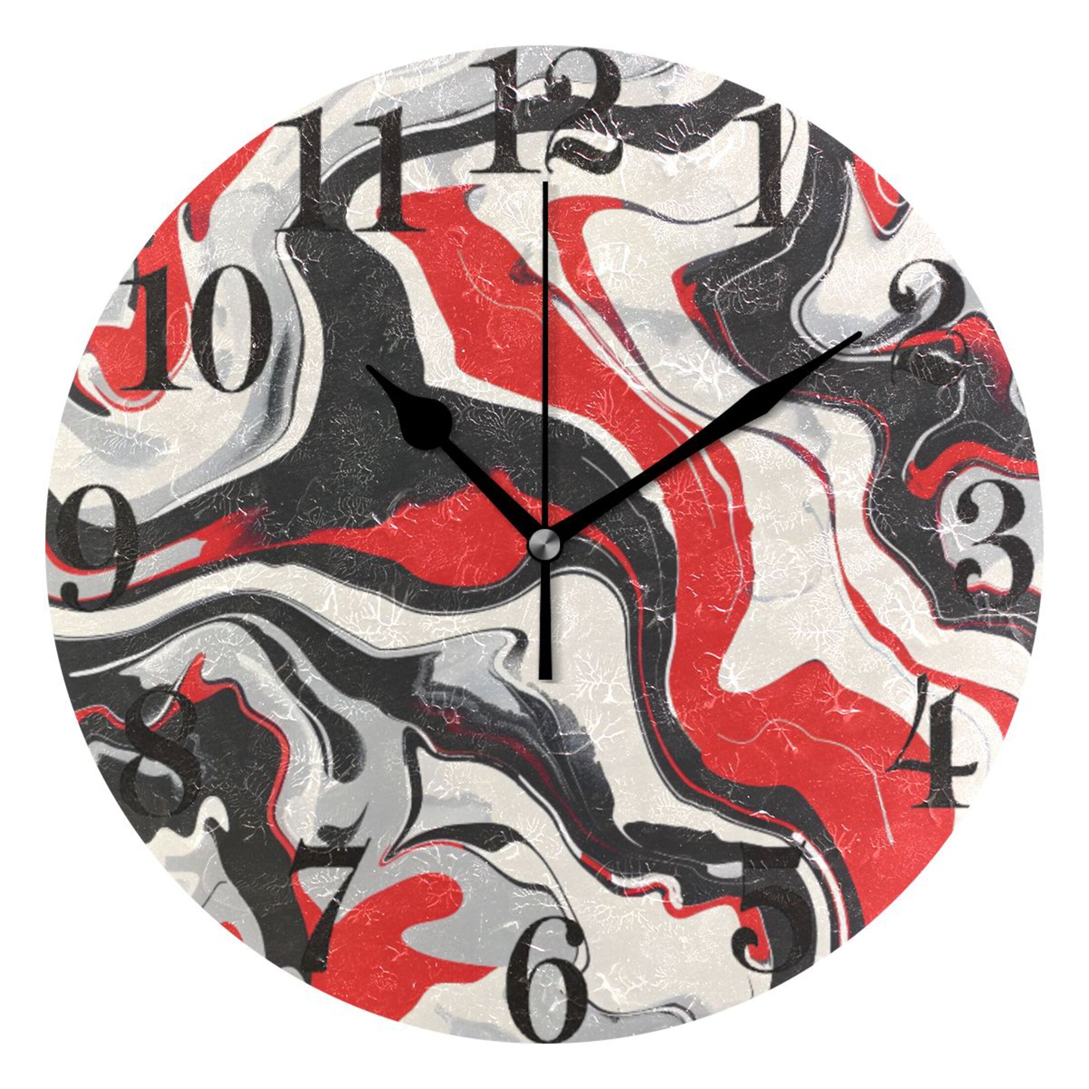 Red Black Liquid Marble Wall Clock 9.8 inch Battery Operated Clocks Non ...