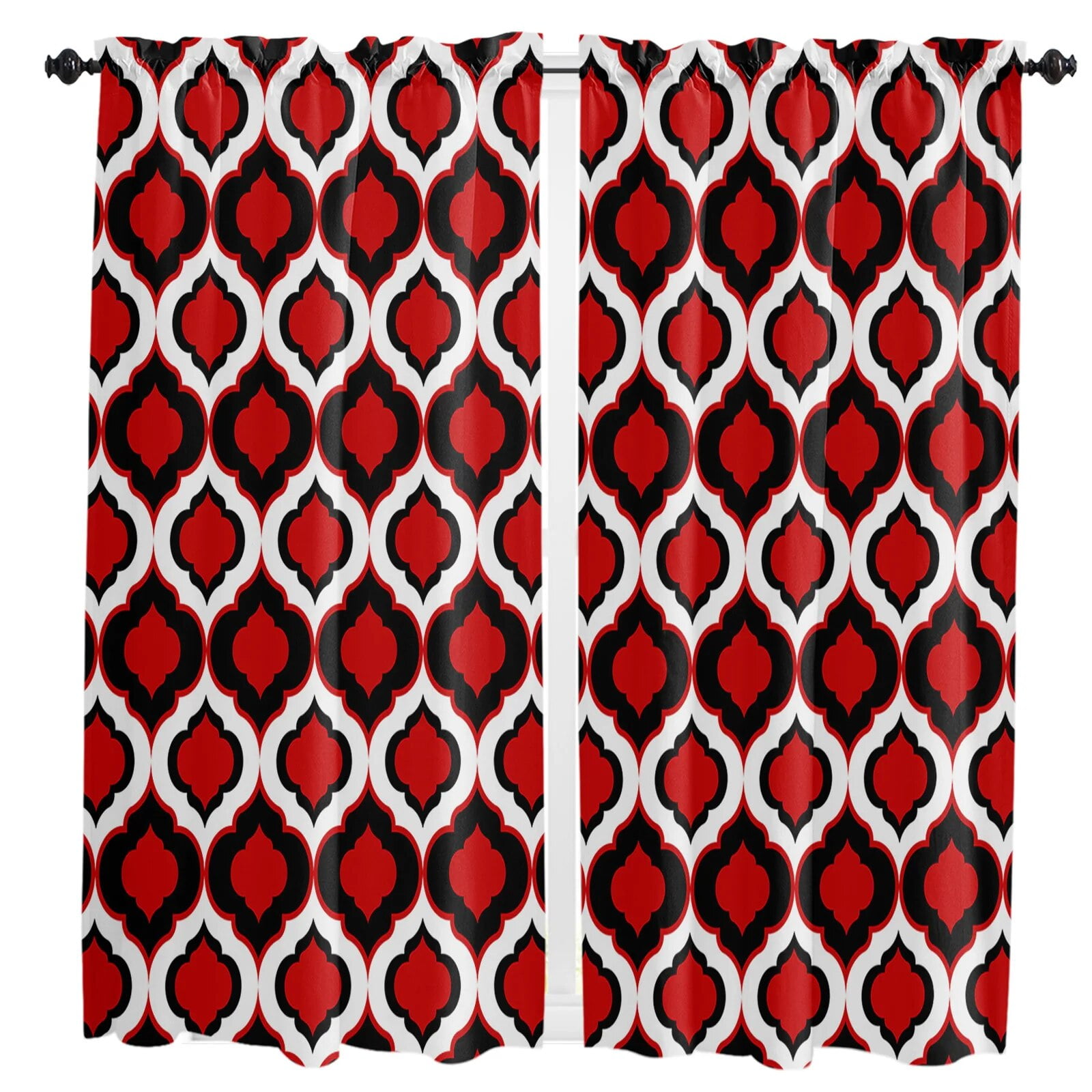 Red Black Moroccan Pattern Small Curtain Rod Pocket Short Curtains Half ...