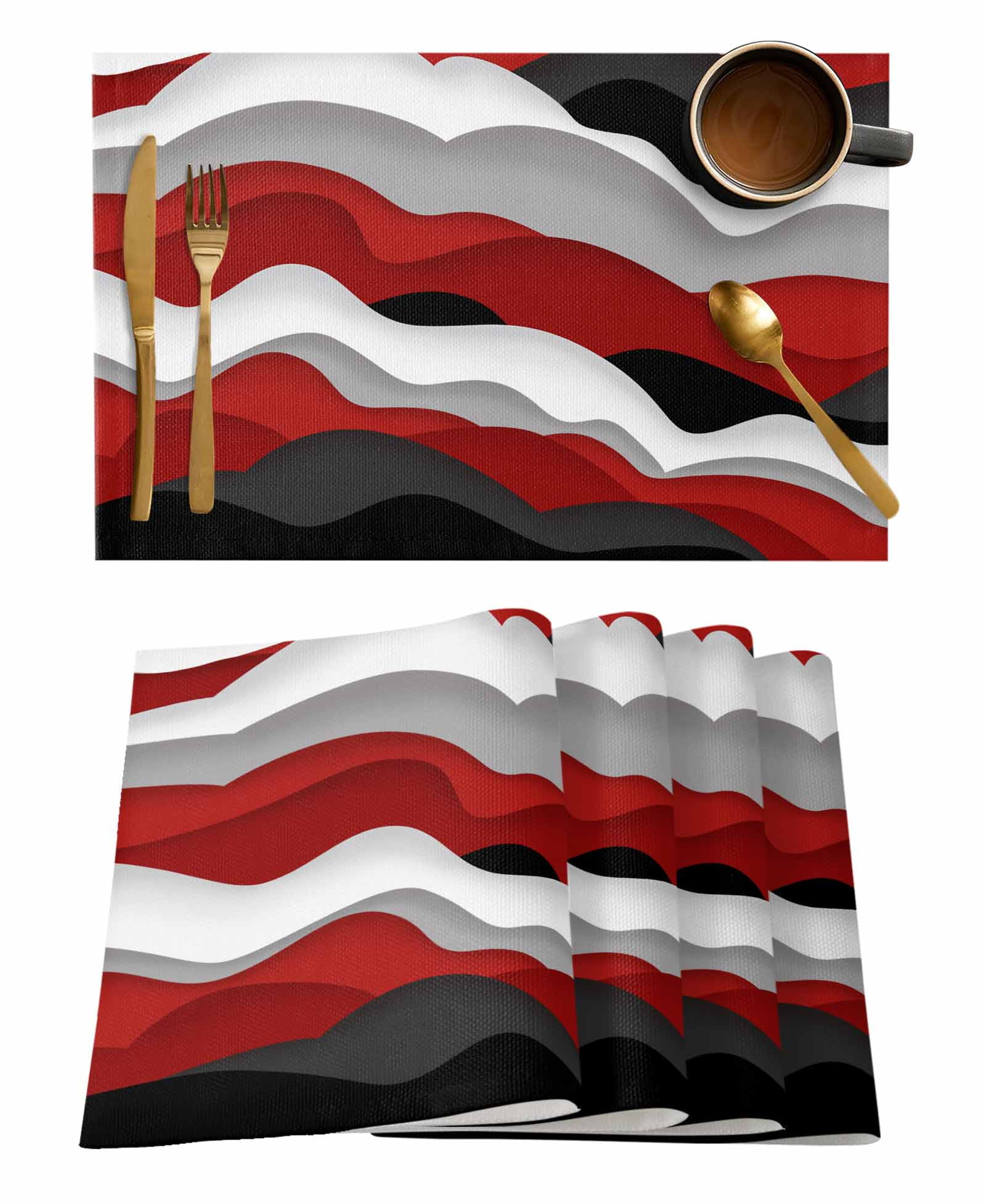 Red Black Ombre Placemats Set of 6, Modern Geometric Moire Abstract Art ...