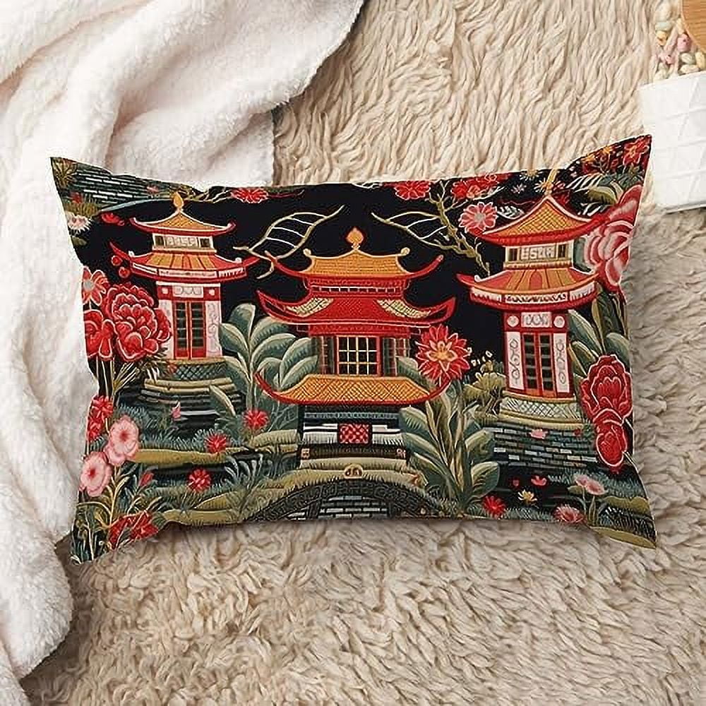 Red Black Pagoda Watercolor Flower Farmhouse Cushion Cover Asian Dark