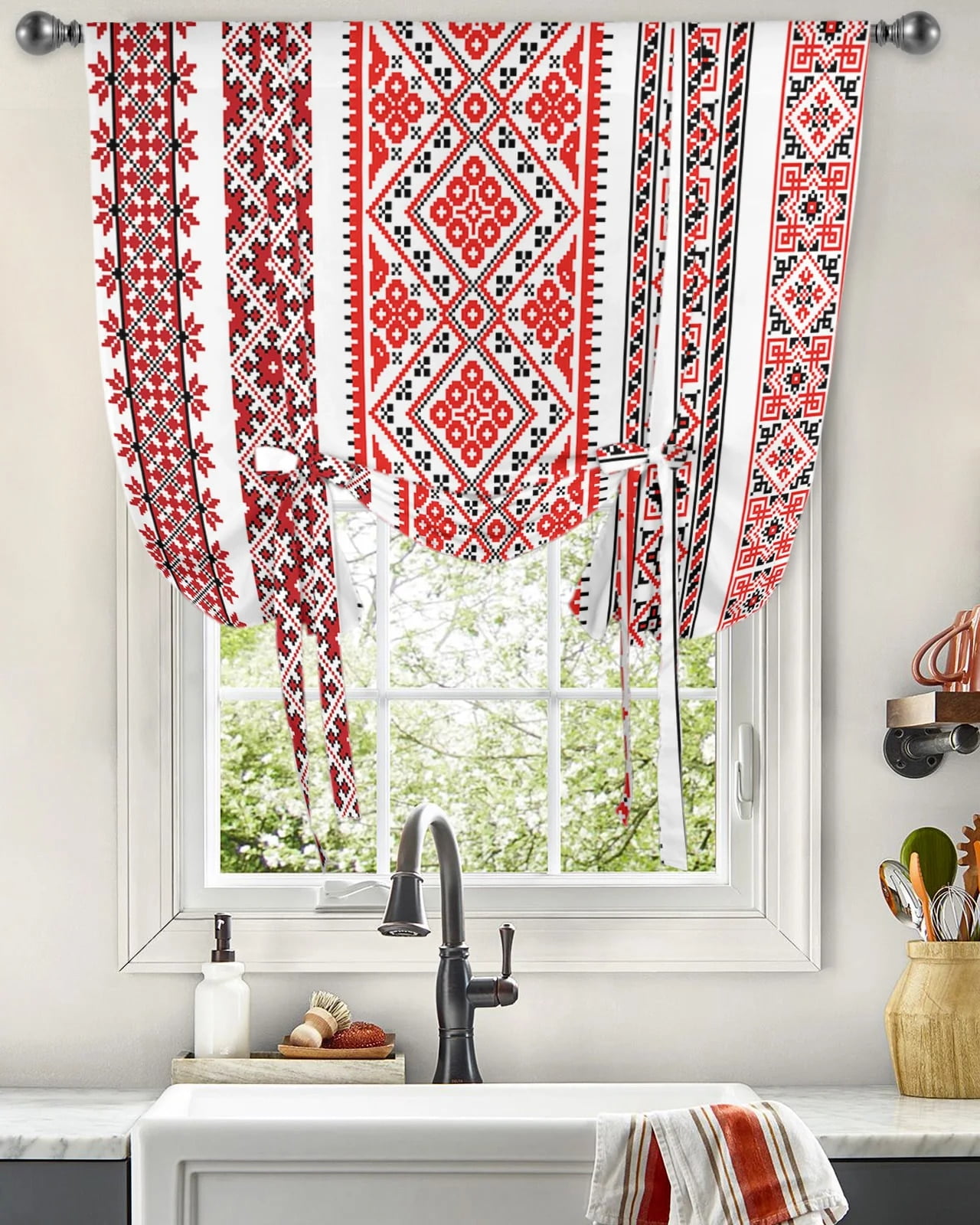 Red Black Pattern Leaves Window Curtain for Living Room Bedroom Balcony ...