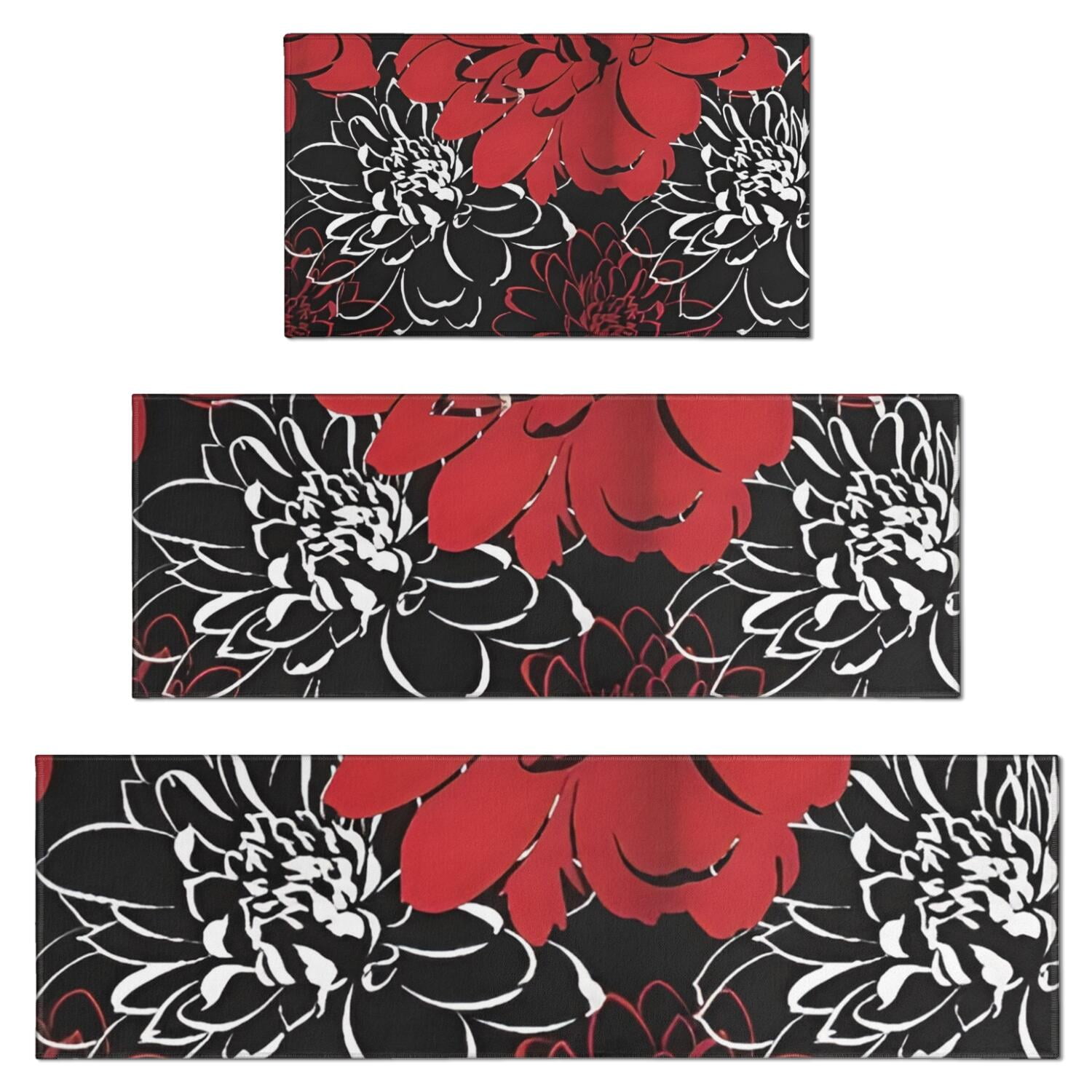 Red and Black Pioneer Flower Pattern Kitchen Rugs Sets Of 3,Kitchen ...