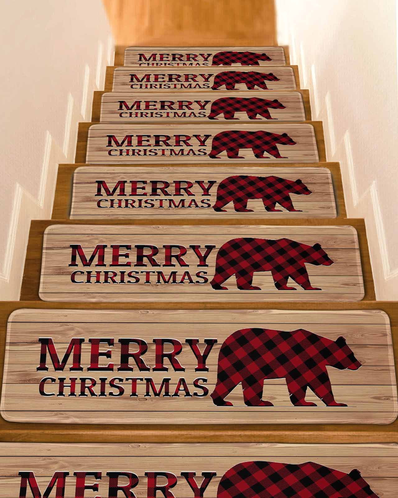 Red Black Plaid Bear Stair Treads for Wooden Steps Indoor Runner Rug ...