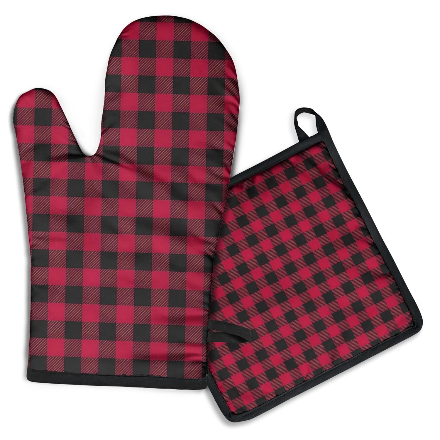 Red Black Plaid Checkered Pattern Kitchen Oven Mitt and Pot Holder Sets ...