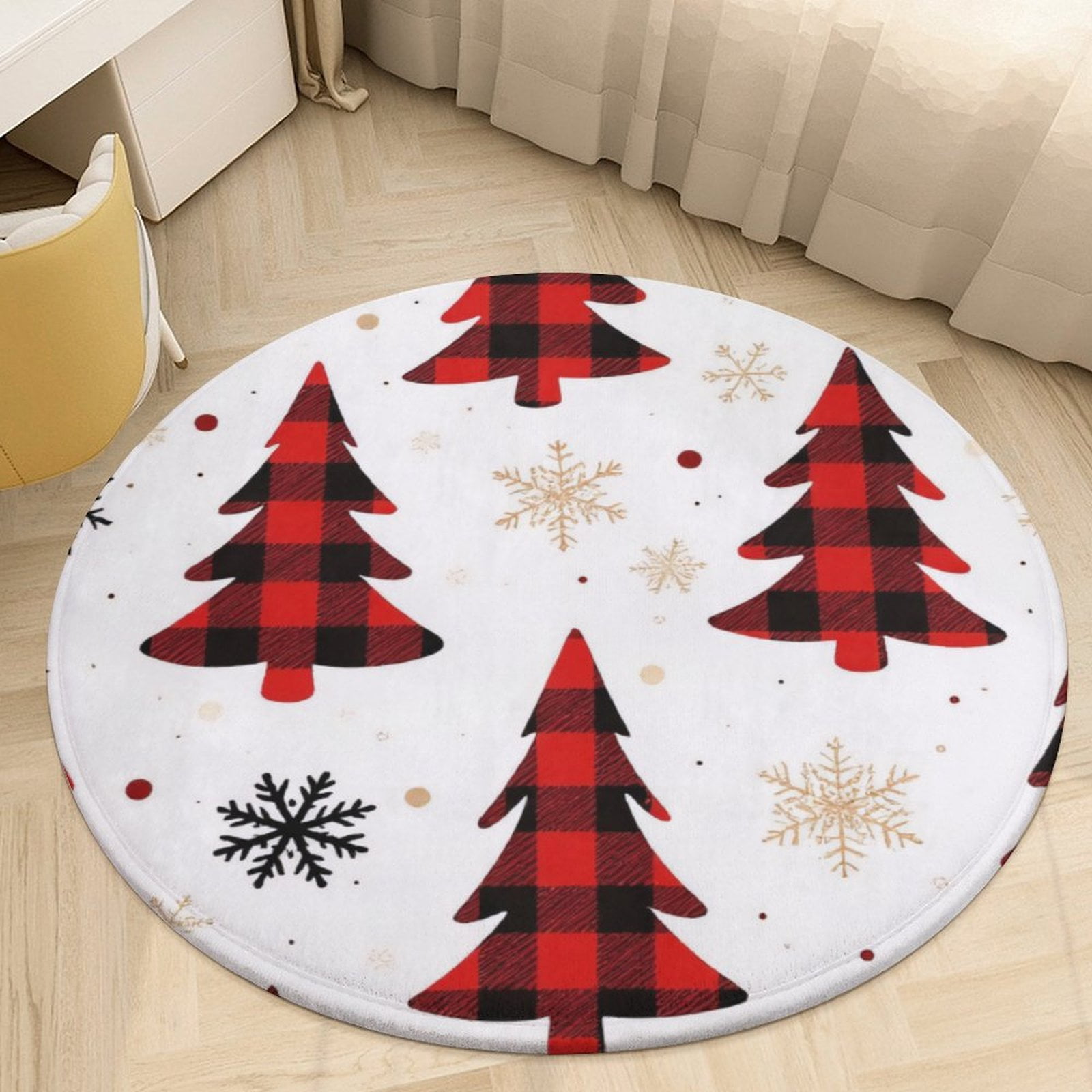 Red Black Plaid Christmas Trees Pattern Round Area Rugs for Bedroom ...