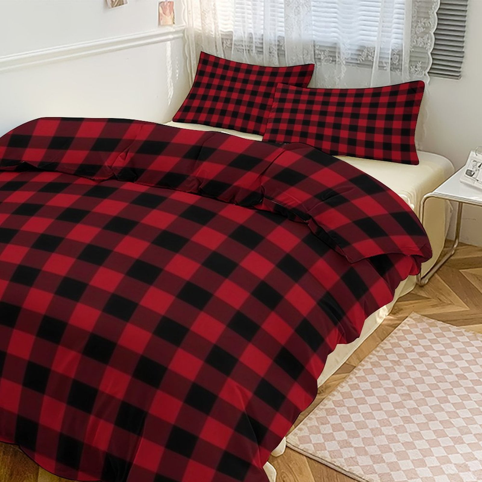 Red Black Plaid Pattern 3 Pcs Soft Bedding Set Includes 1 Duvet Cover ...