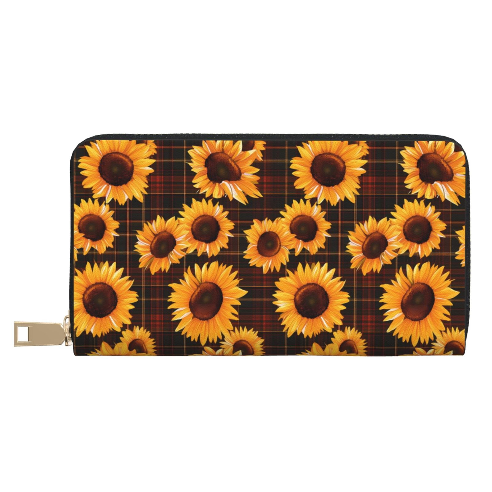 Red Black Plaid Sunflower Wallet Women, Leather Bifold Multi Card ...