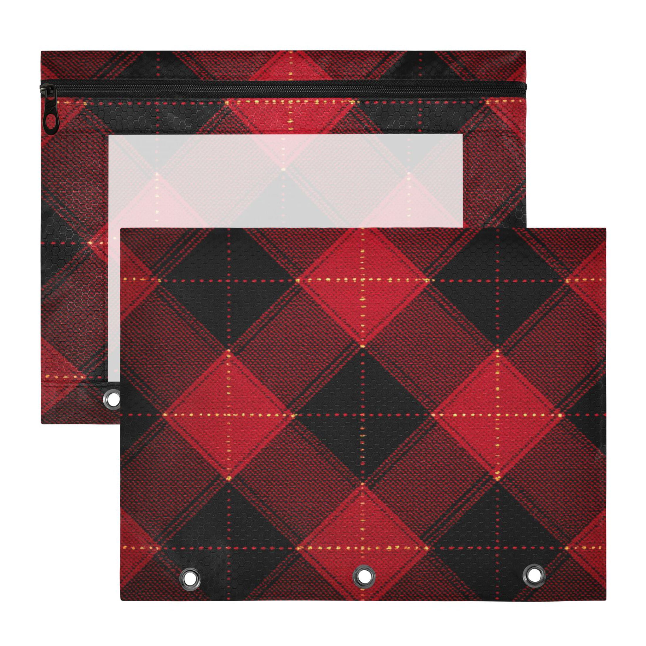 Red Black Plaids with Yellow Lines 3-Ring Binder Pouches A4 Size Zipper ...