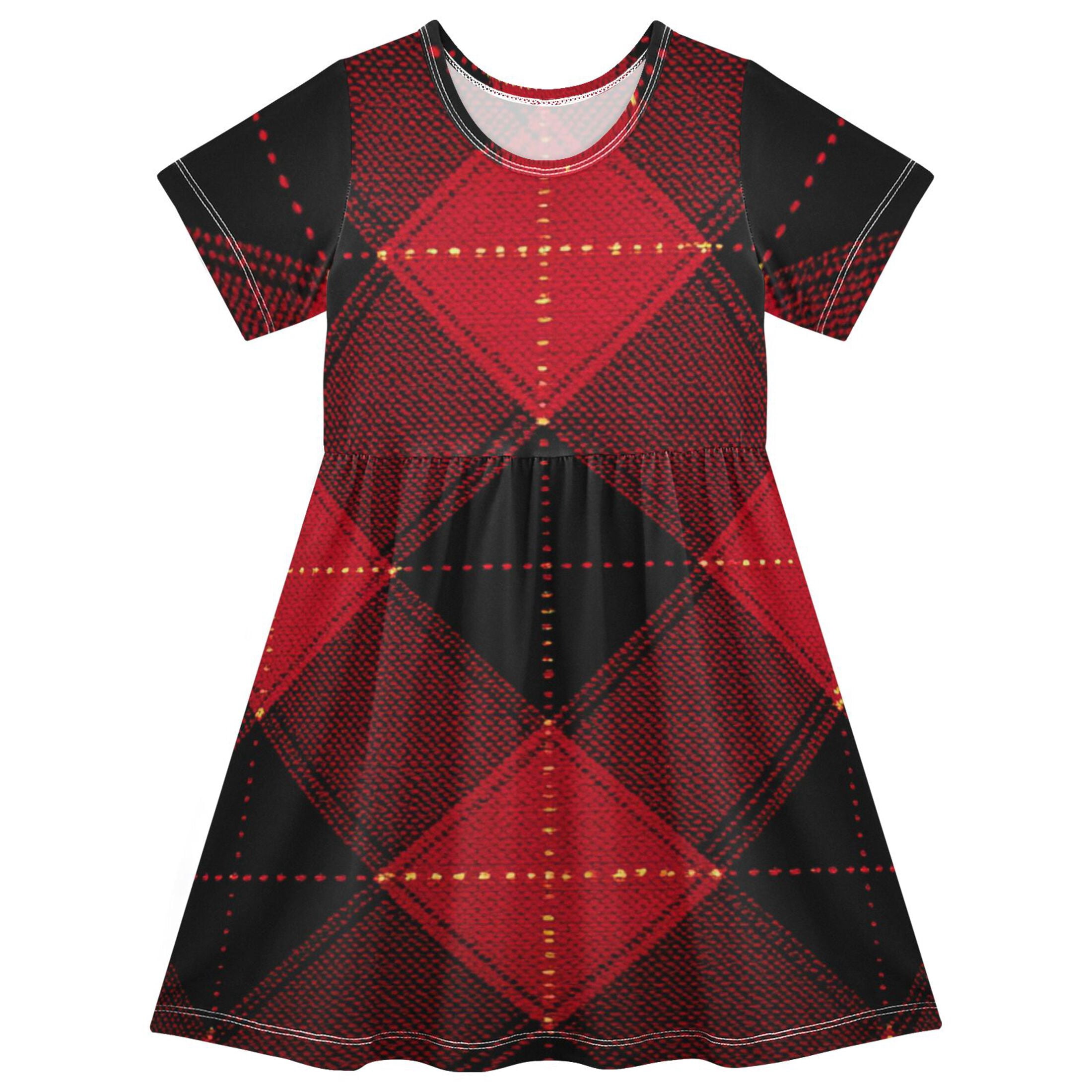 Red Black Plaids with Yellow Lines Girls' Short Sleeve Dress A-Line One ...