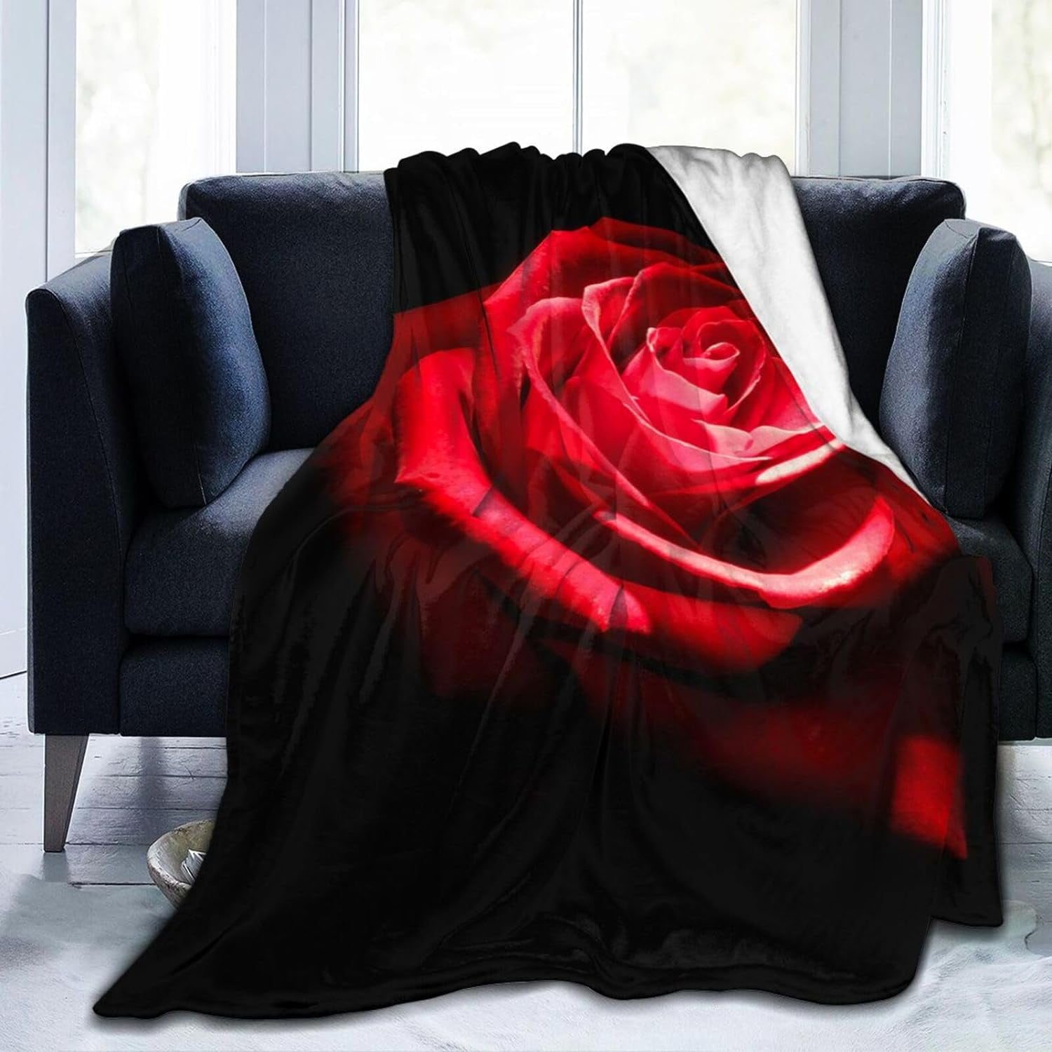 Red Black Rose Stylish Flower Blanket, Soft Blankets Flannel Bed Throw ...