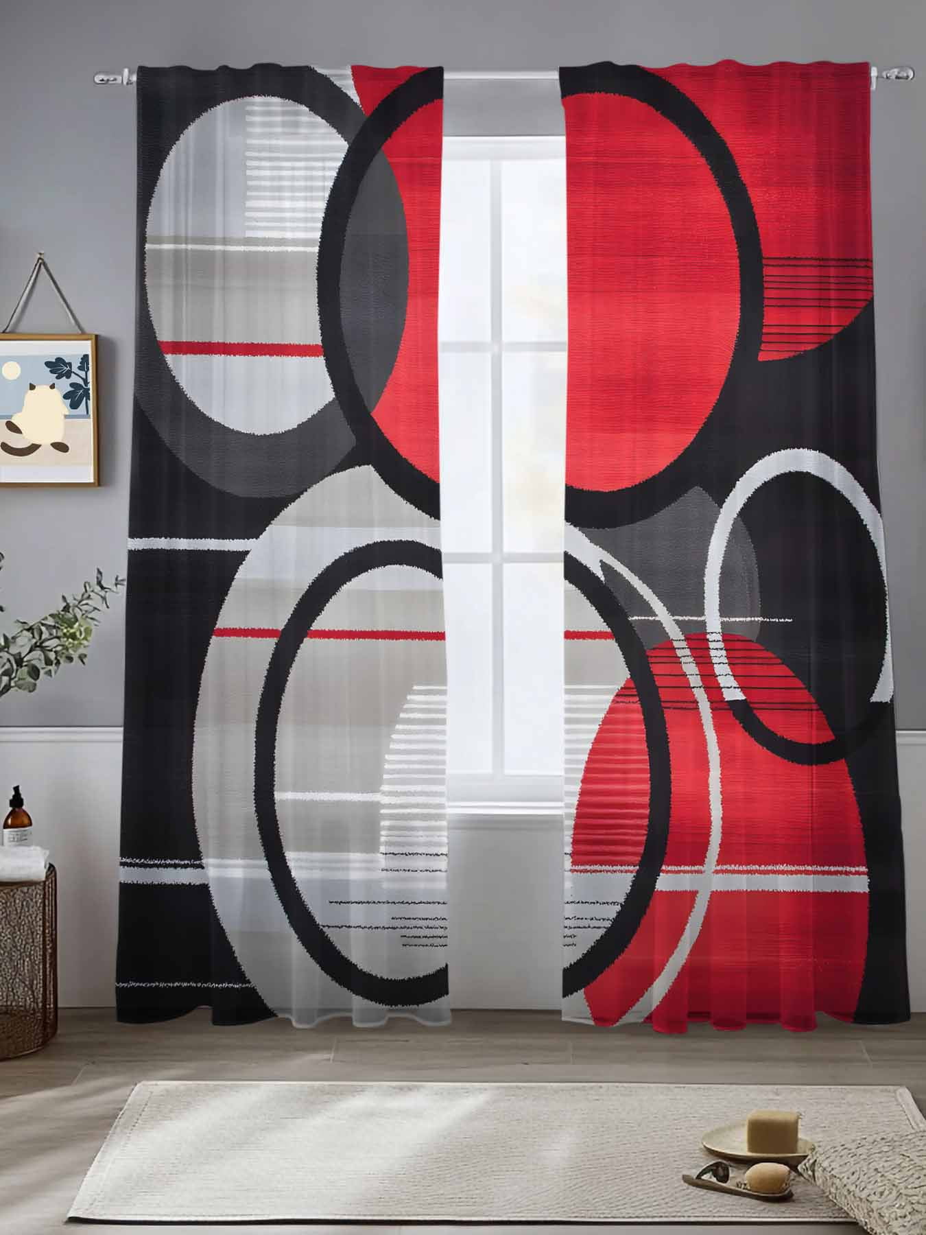 Red Black Round Sheer Curtains 108 Inches Long 2 Panels Abstract Lines ...