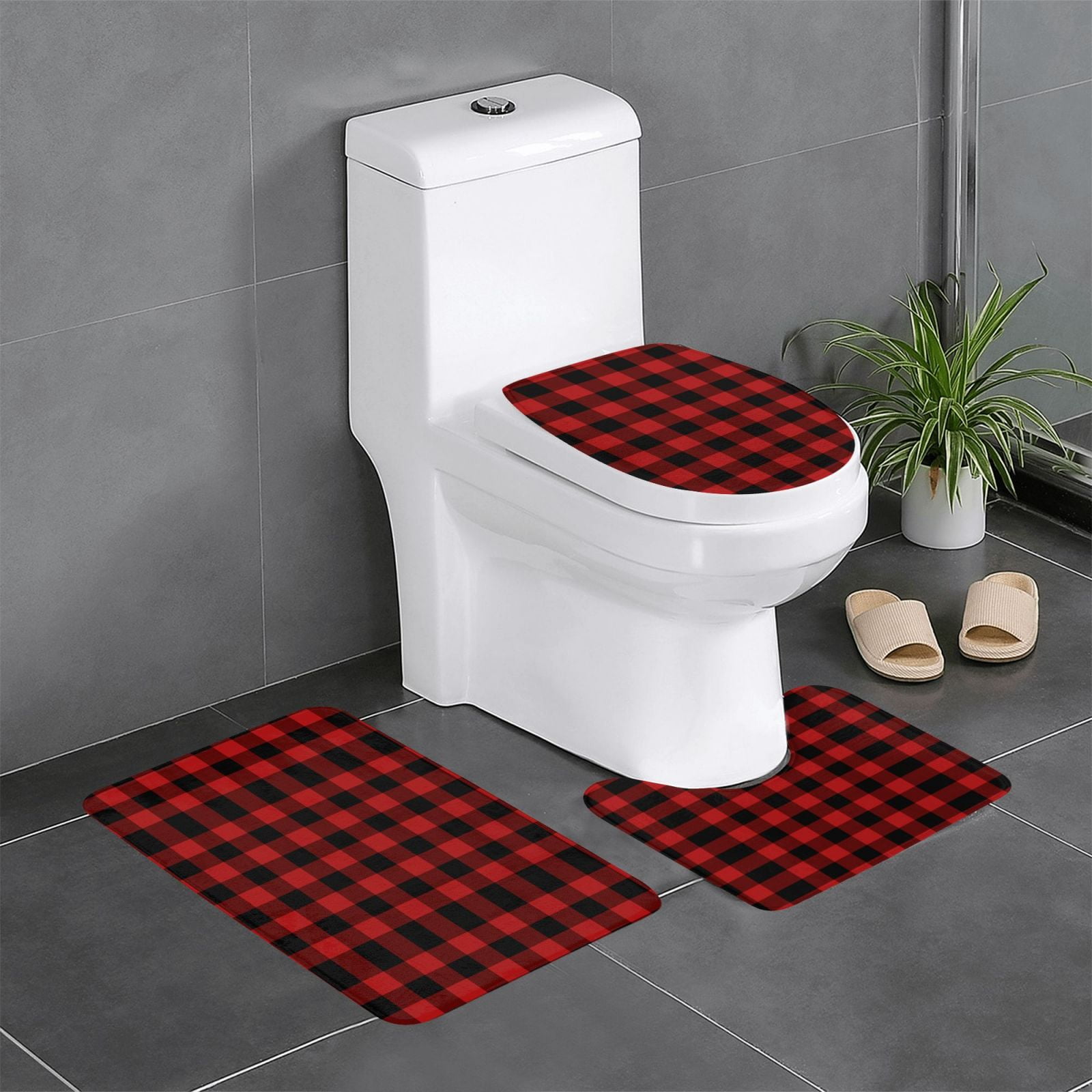 Red Black Rustic Buffalo Plaid Checkered 3-Piece Set Of Flannel Bath ...
