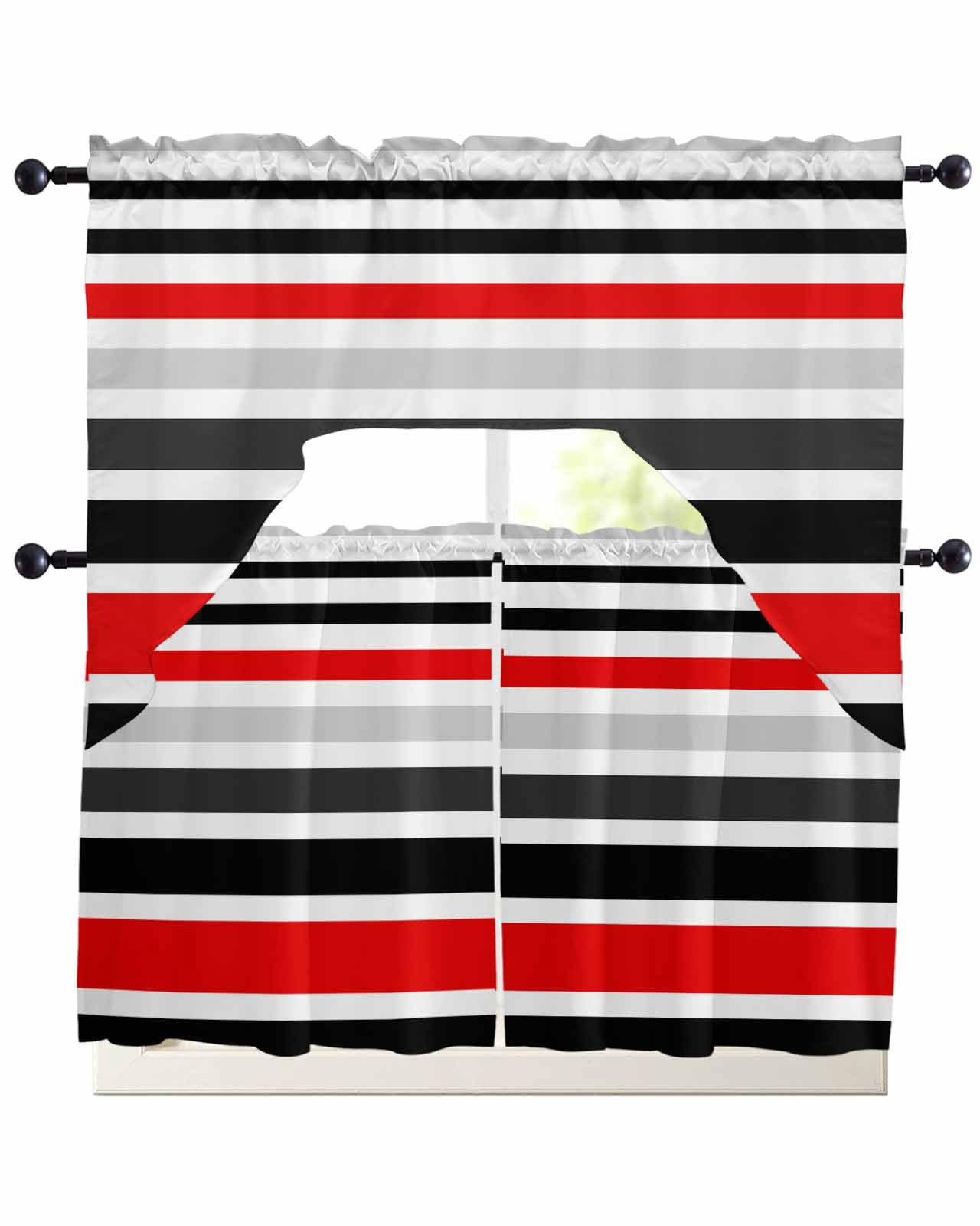 Red Black Stripe Kitchen Curtains Swag Valance and Tier Curtains Set 36 ...