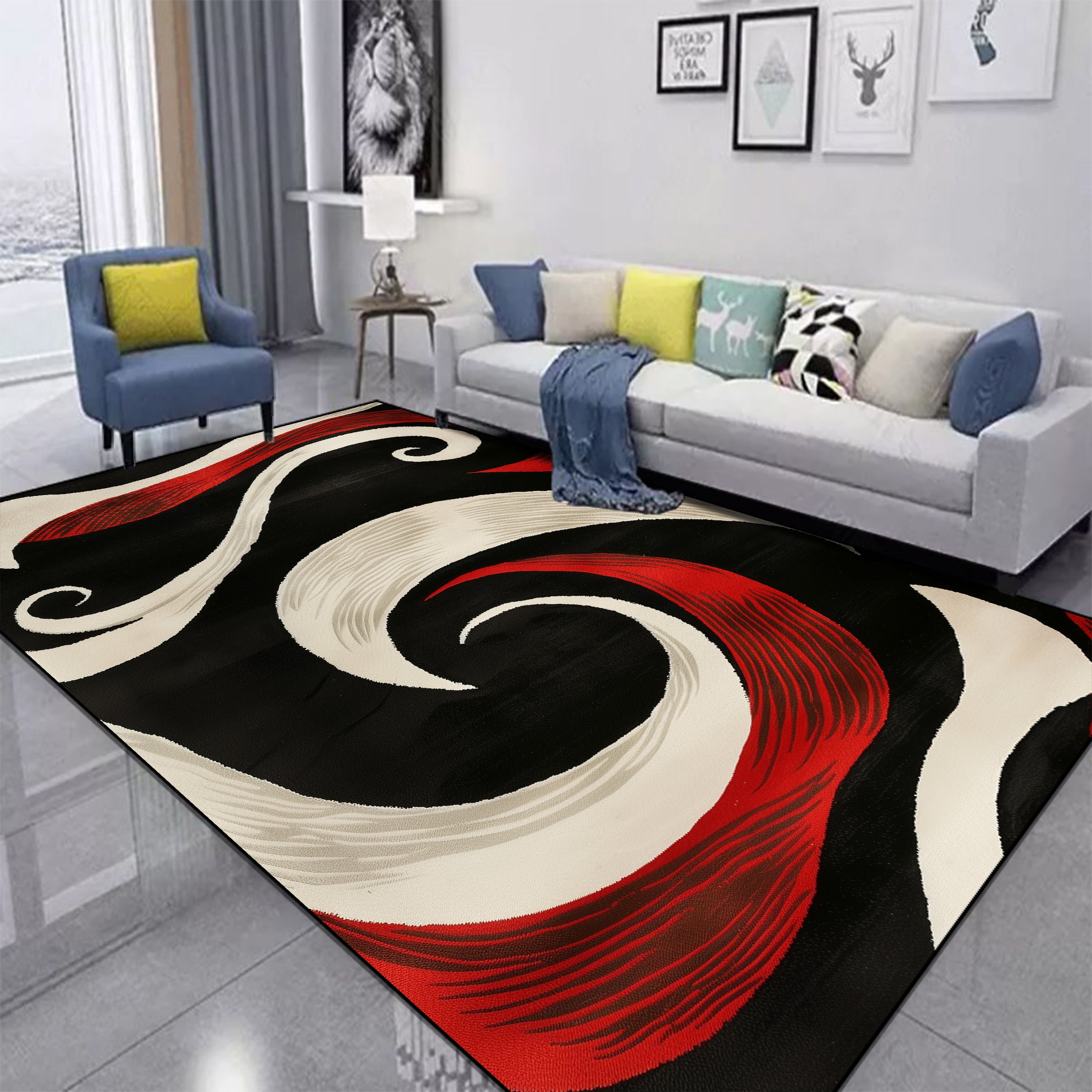 Red Black Swirl Rug Abstract Carpet for Living Room Large Bedroom ...