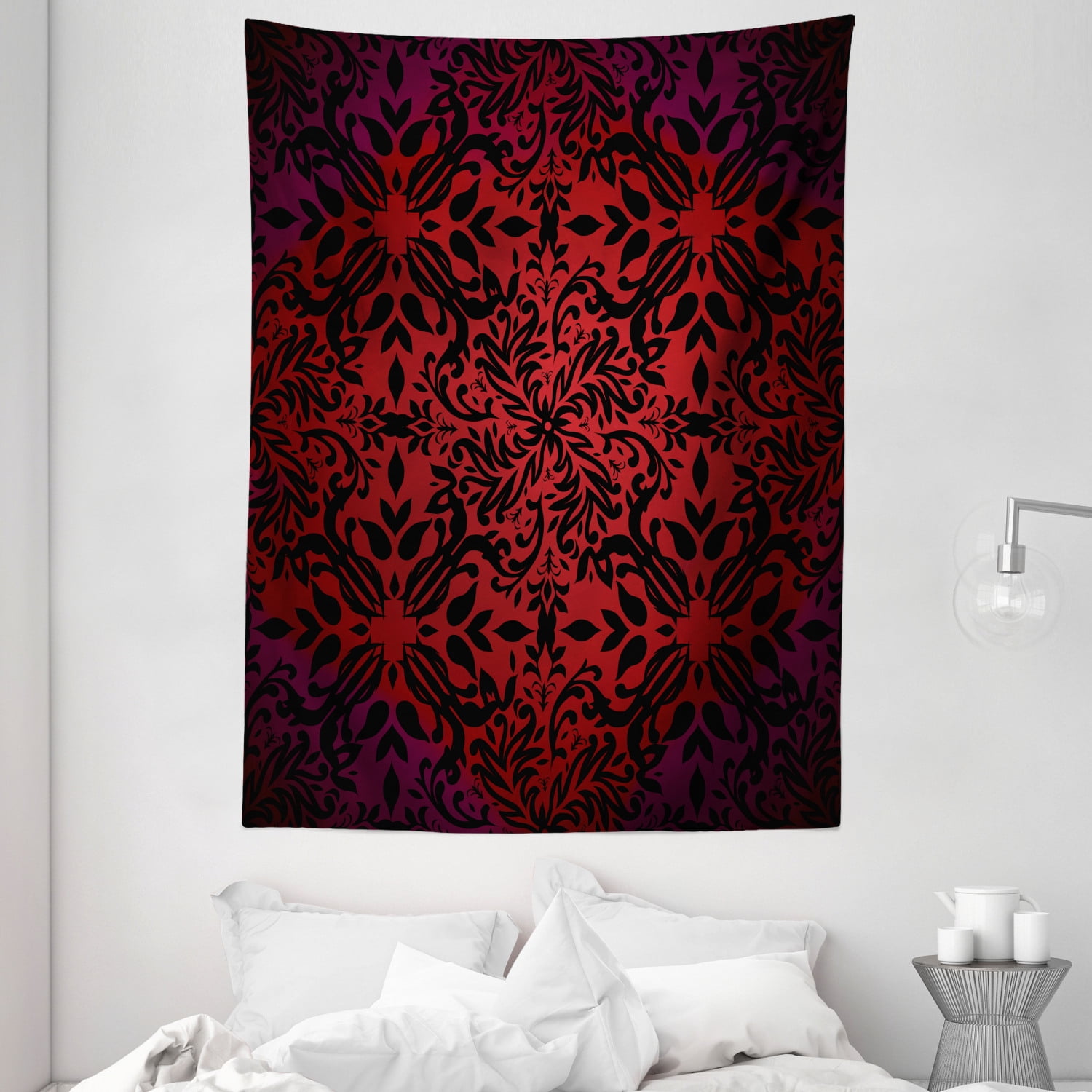 Red and Black Tapestry, Tribal Mandala Ethnic Oriental Design Flowers ...