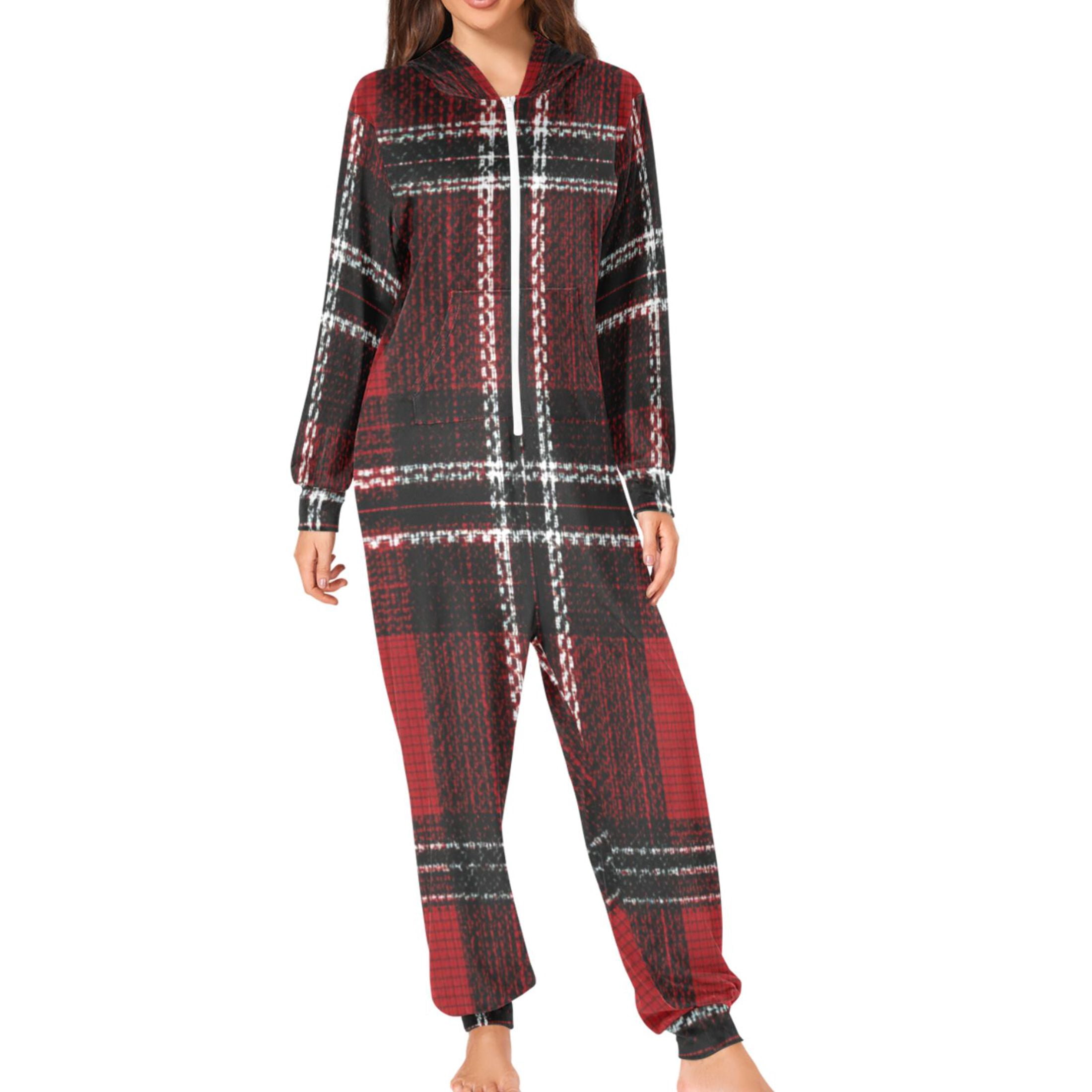 Red Black Tartan Plaids Fabric Texture Adult's Hoodie Onesie Jumpsuit ...