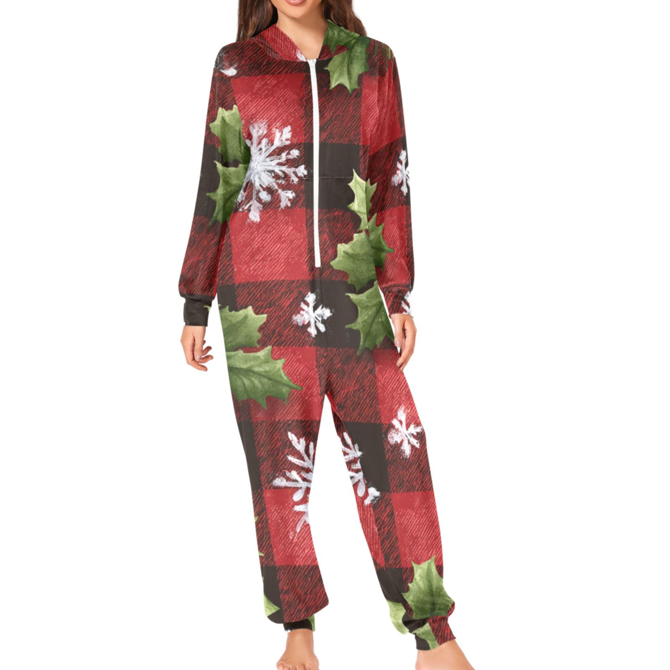 Red Black Tartan Plaids Holly Snow Christmas Adult's Hoodie Onesie ...