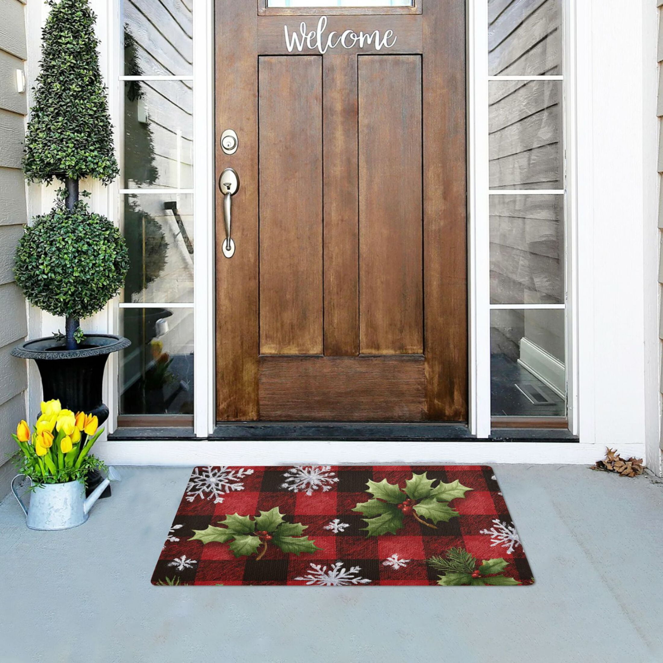 Red Black Tartan Plaids Holly Snow Christmas Doormats Welcome Mats Gate ...