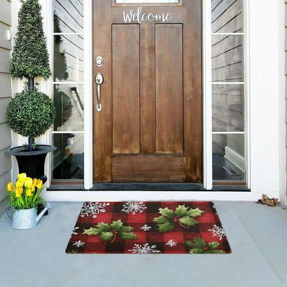 Red Black Tartan Plaids Holly Snow Christmas Doormats Welcome Mats Gate ...