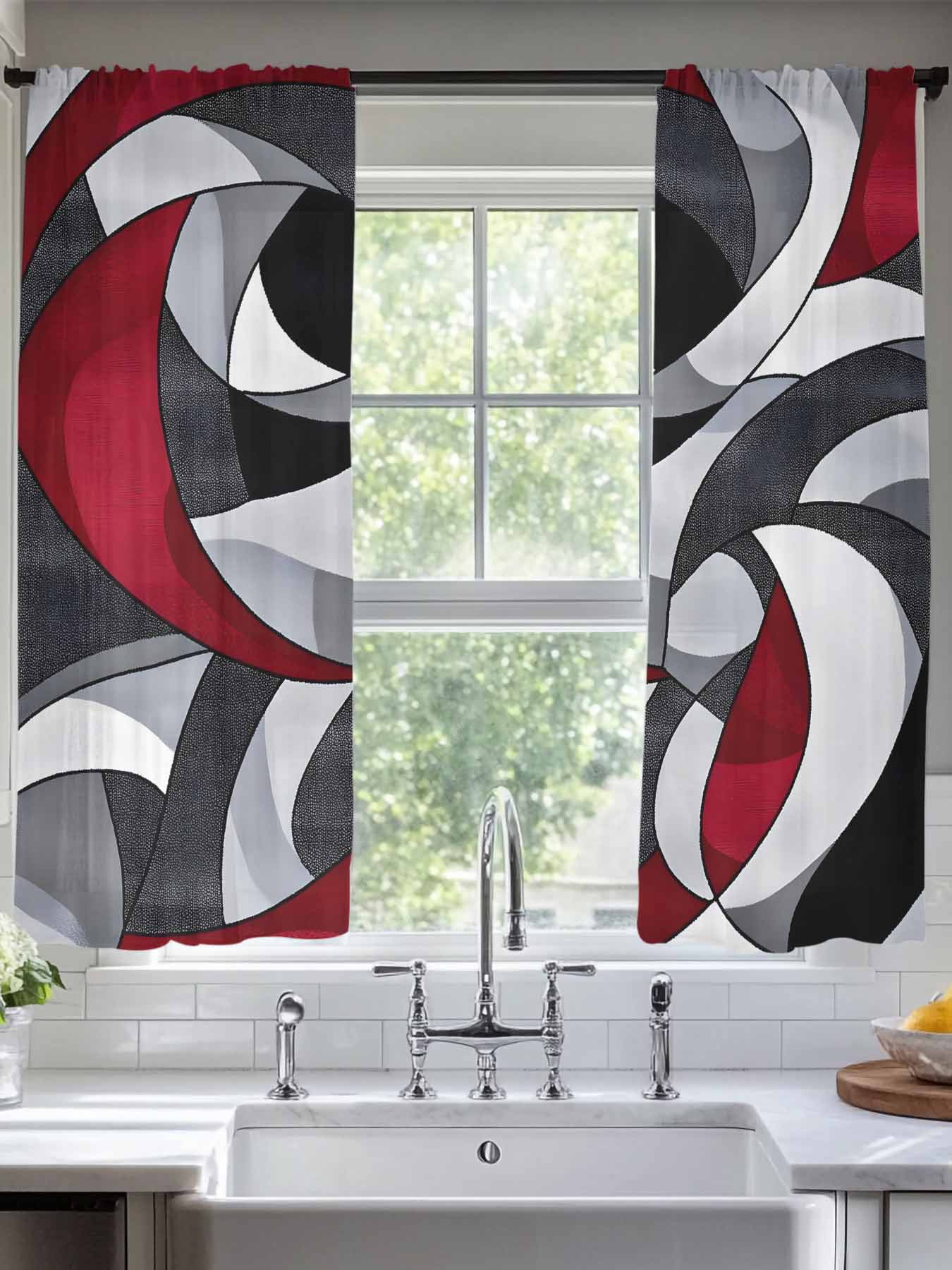 Red Black Twist Art Sheer Curtains 63 Inches Long 2 Panels Abstract ...
