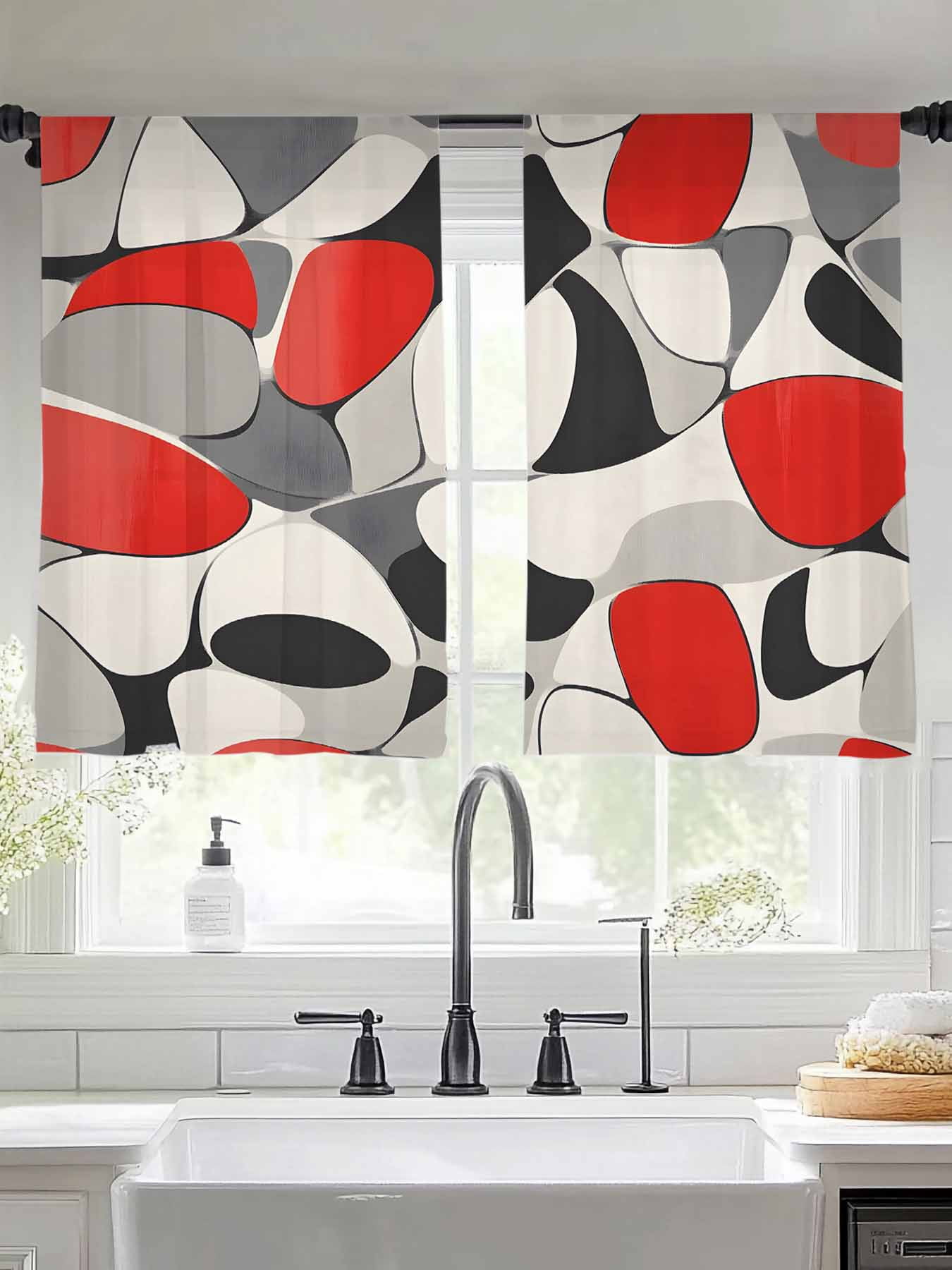 Red Black Visual Arts Sheer Curtains 45 Inches Long 2 Panels Abstract ...