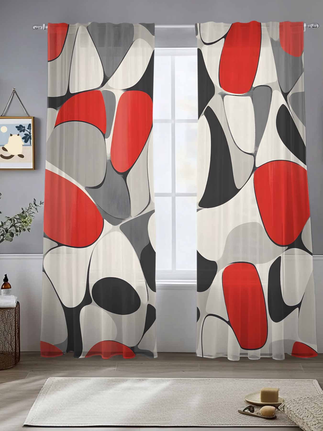 Red Black Visual Arts Sheer Curtains 96 Inches Long 2 Panels Abstract ...