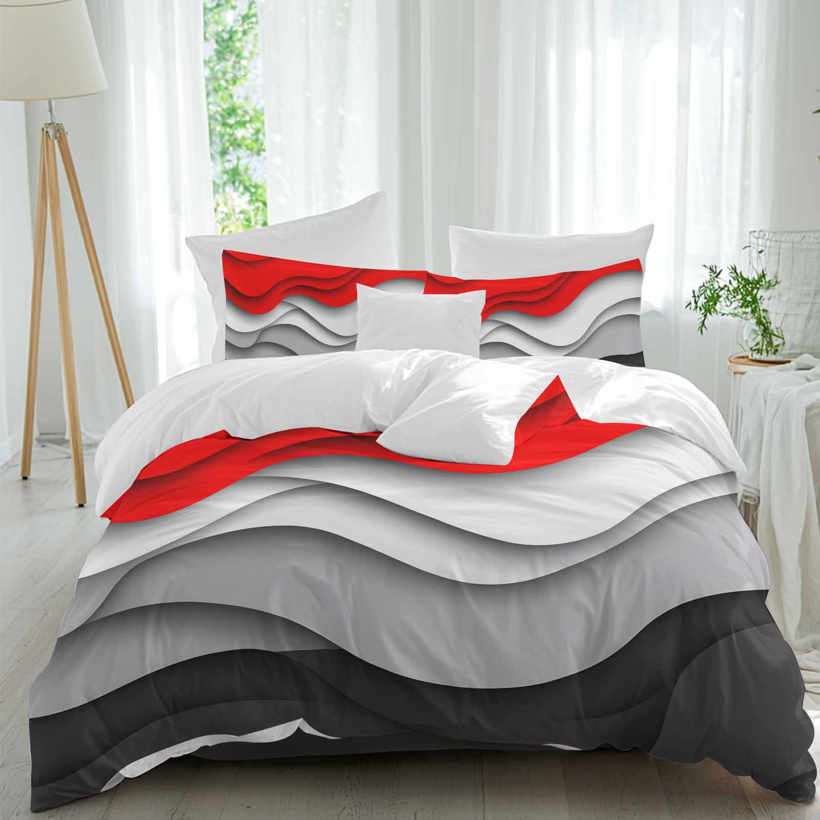 Red Black Waves 4 Piece Duvet Cover Set Queen Size Abstract Water ...