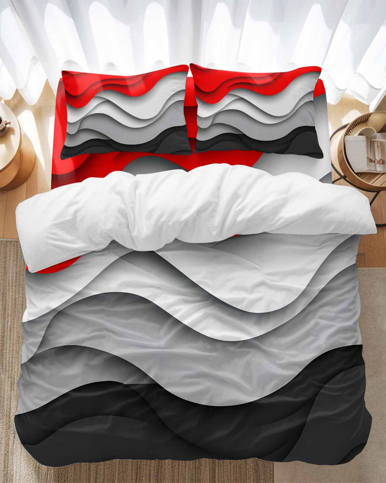Red Black Waves Bedding Duvet Cover Set Queen Size 4 Pieces Abstract ...