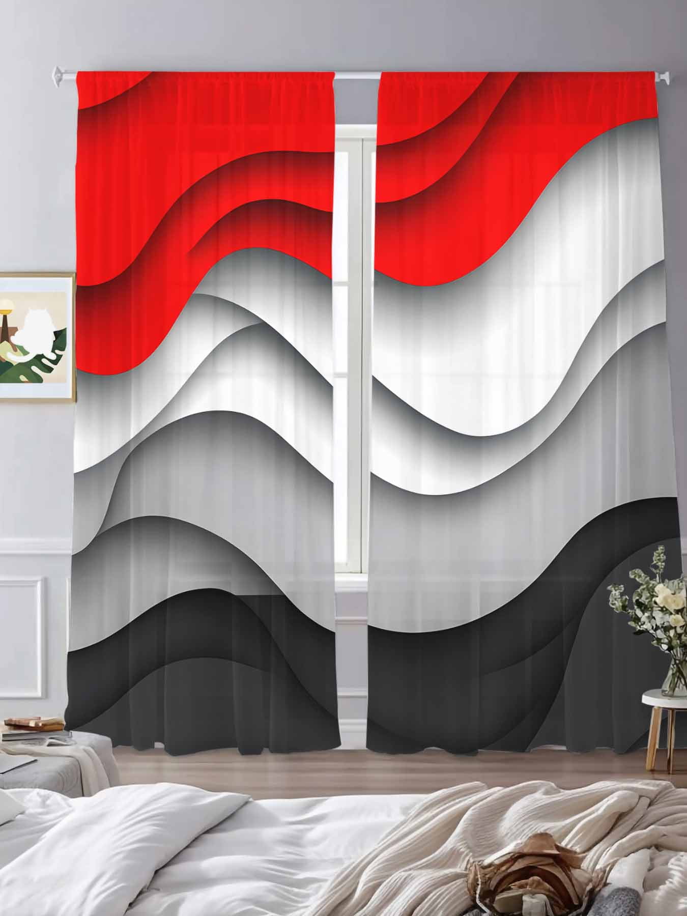Red Black Waves Sheer Curtains 84 inches Long 2 Panels Set Abstract ...