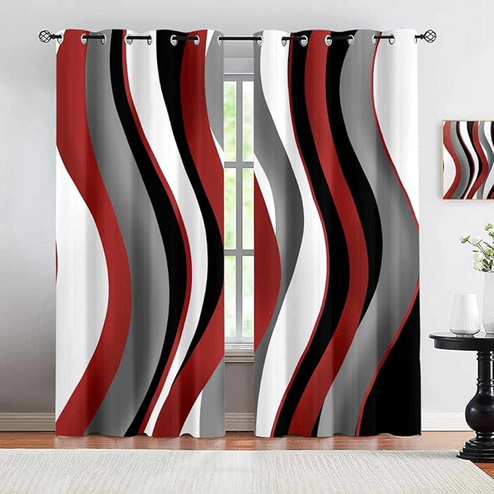 Red And Black Wavy Stripes Print Curtain, Abstract Dynamic Lines ...