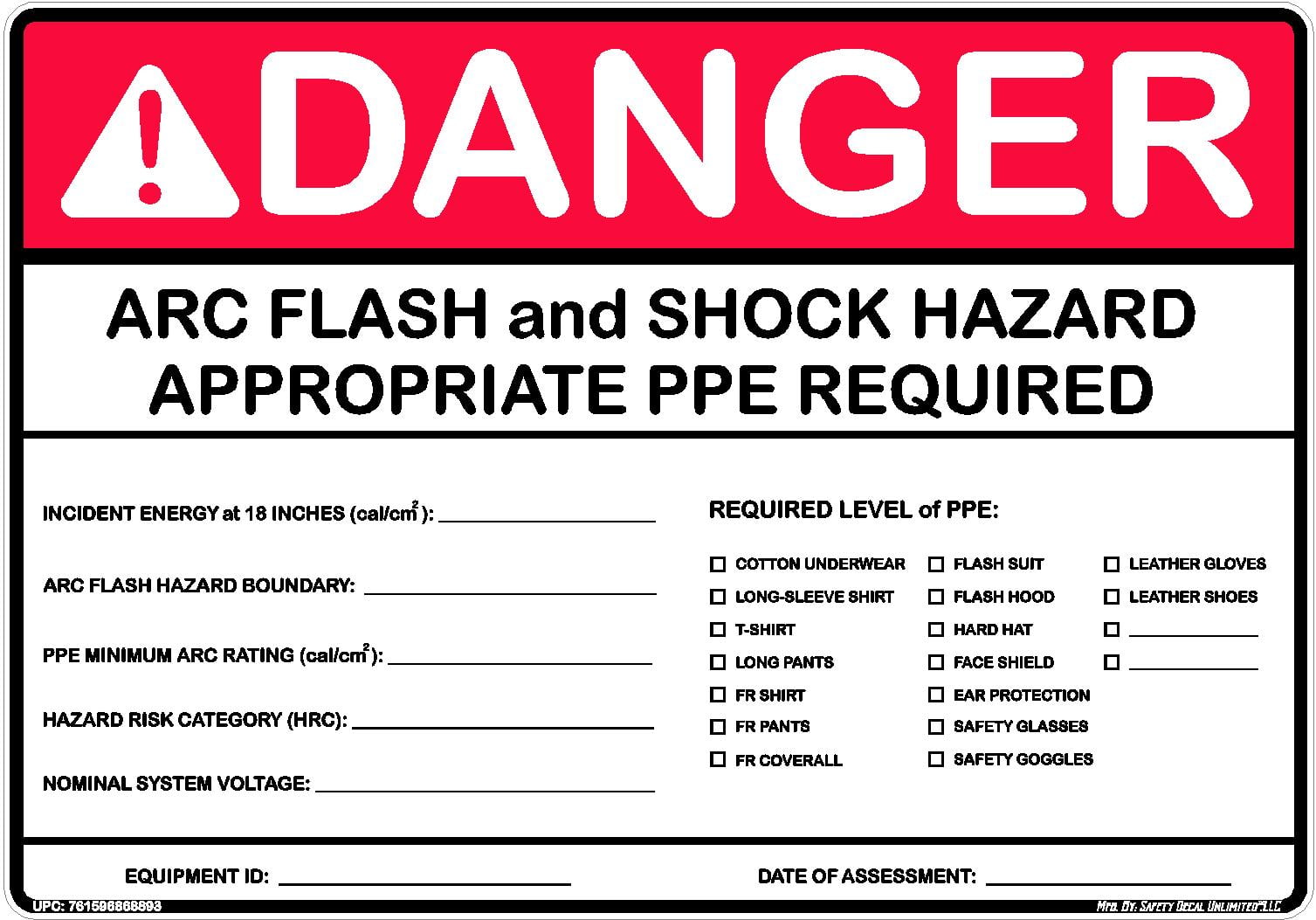 Red Black White ANSI Danger Arc Flash Shock Hazard Appropriate PPE ...