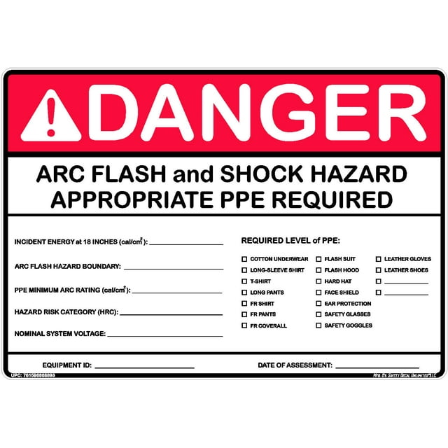 Red Black White ANSI Danger Arc Flash Shock Hazard Appropriate PPE ...