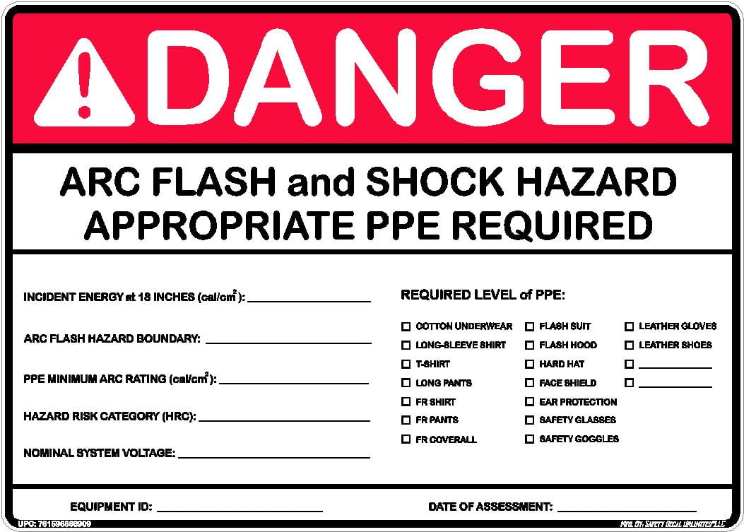 Red Black White ANSI Danger Arc Flash Shock Hazard Appropriate PPE ...