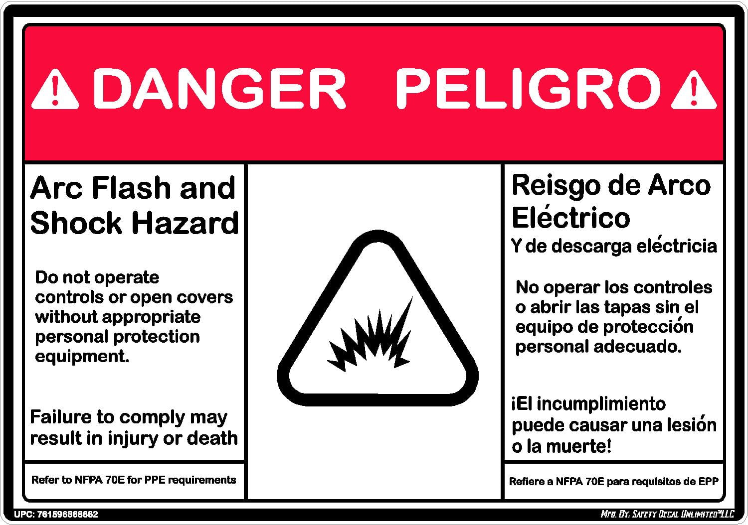 Red Black White ANSI Danger Arc Flash Shock Hazard PPE Required Peligro ...