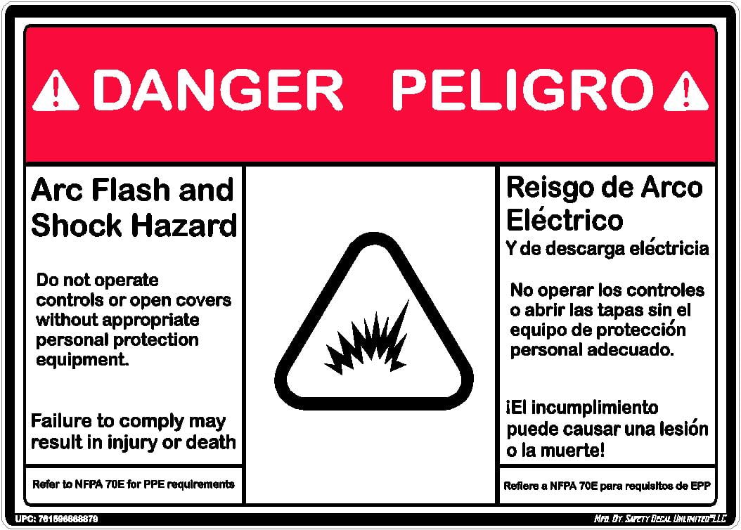 Red Black White ANSI Danger Arc Flash Shock Hazard PPE Required Peligro ...