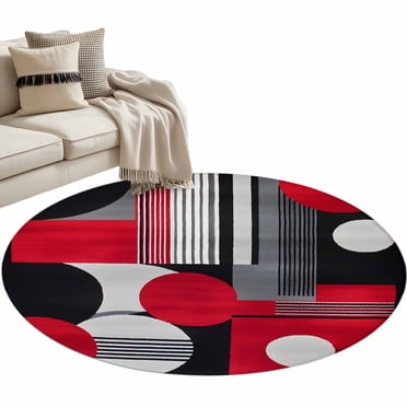 Red Gray Black Round Area Rug 3ft Abstract Round Non-Slip Washable ...