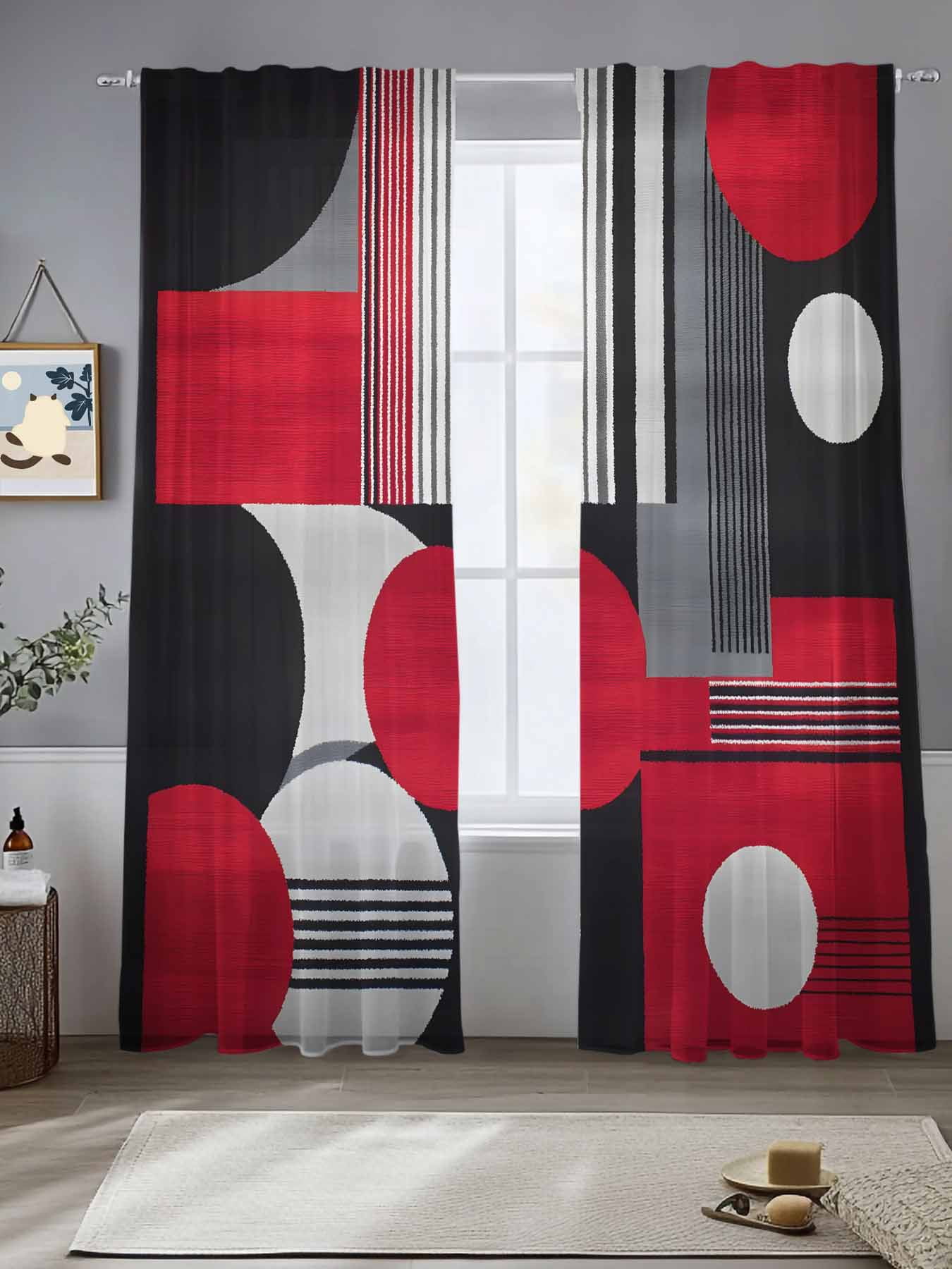 Red Black White Geometric Sheer Curtains 84 Inches Long 2 Panels Round ...