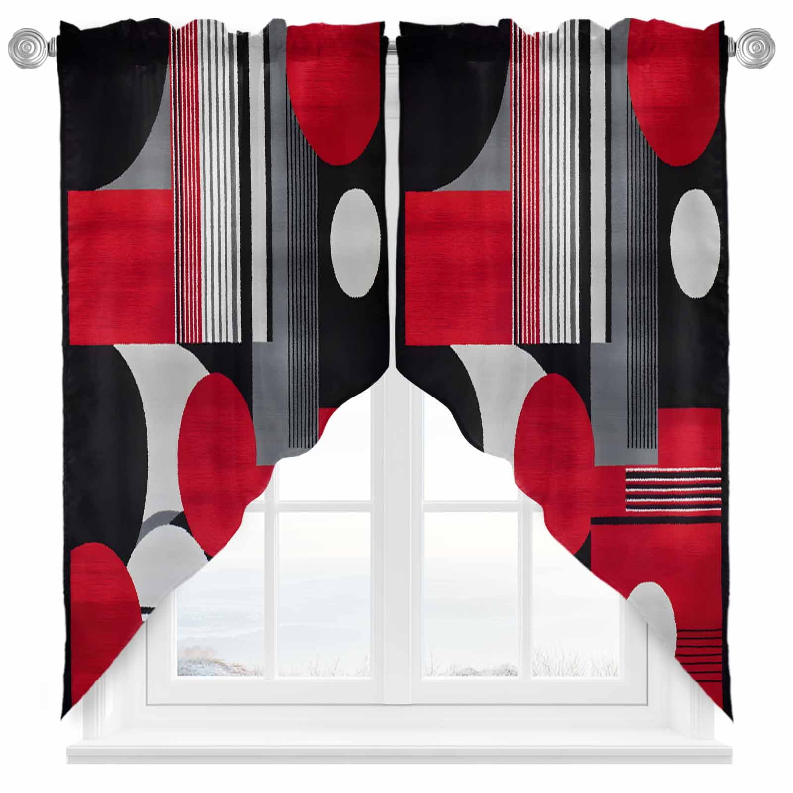 Red Black White Geometric Swag Curtain Valance for Windows, Round Lines ...